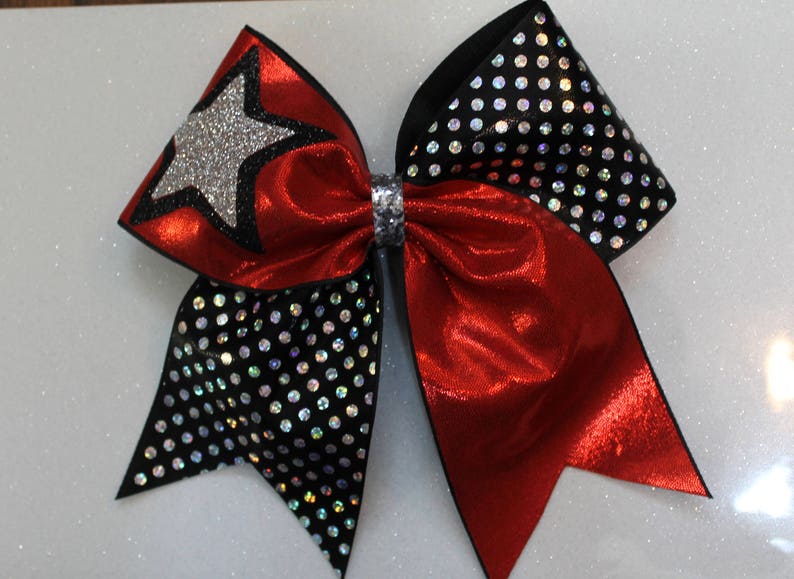 Large CHEER BOW Red Black Silver and Star - Etsy