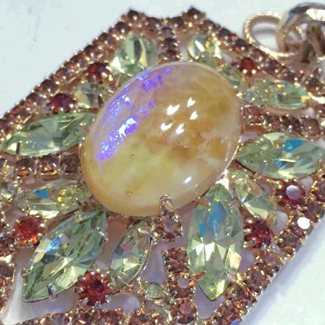 Unusual Yellow Faux Opal Glass Pendant, Necklace, Iridescent Blue ...