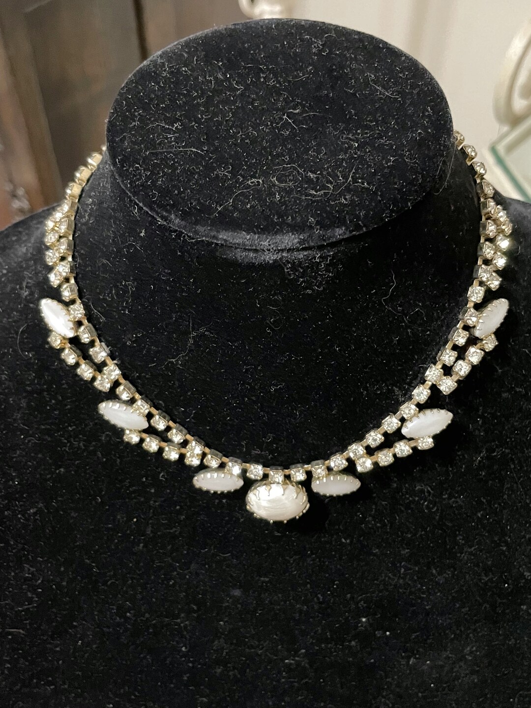 Crystal Clear Rhinestone & Faux Mother-of-pearl MOP Necklace, Very Good ...