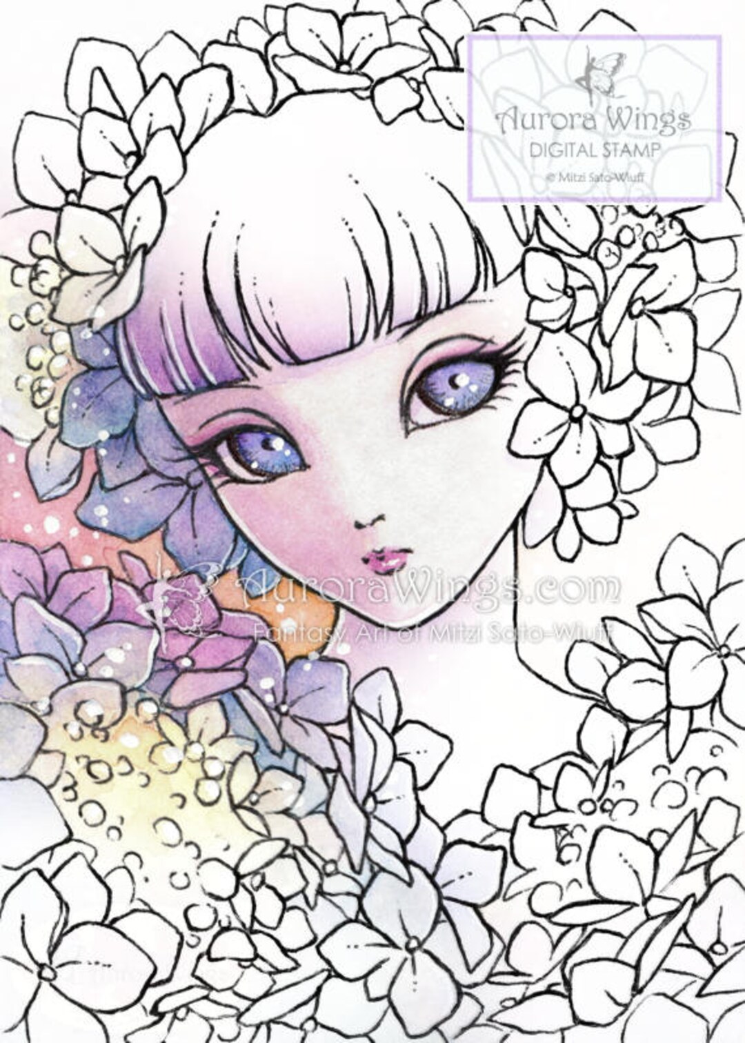 Digital Stamp Hydrangea Sprite big Eye Doll Face Girl - Etsy