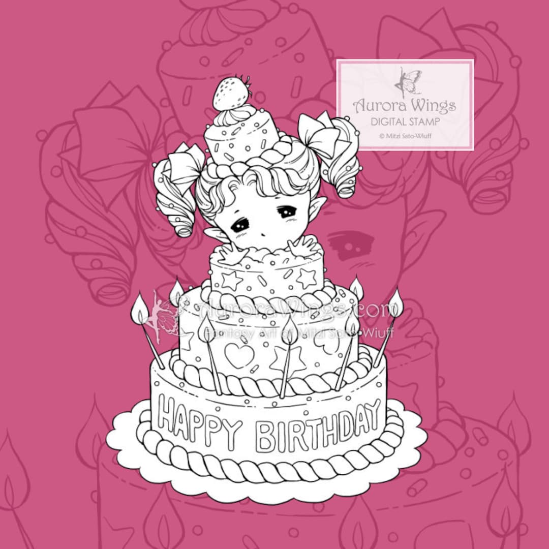 Birthday Cake Sprite - PNG JPG Digital Stamp - Coloring Page - Cute ...