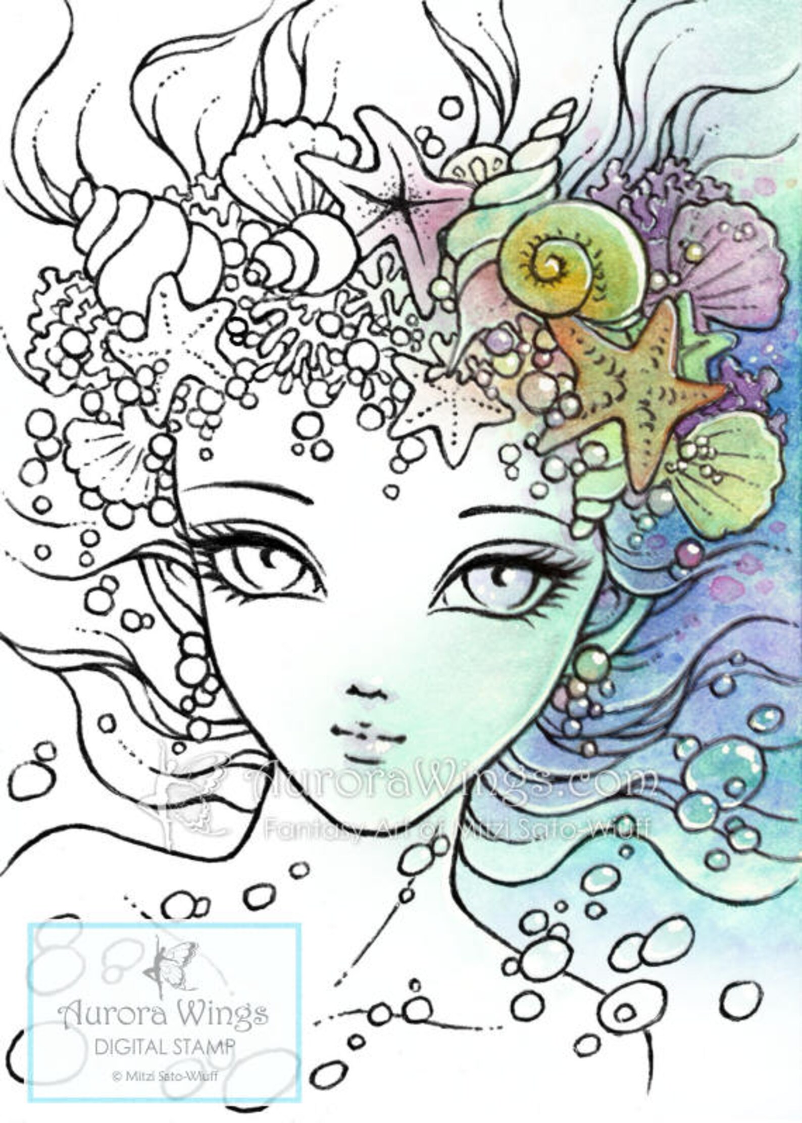 Digital Stamp Princess of the Sea Big Eye Mermaid W/ - Etsy