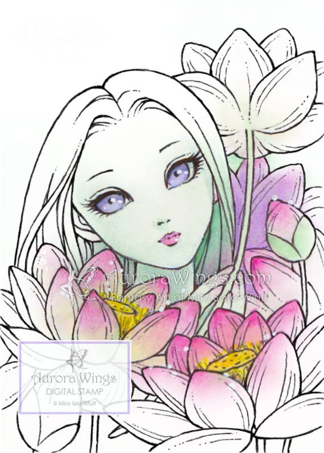 Digital Stamp Lotus Sprite big Eye Water Lily Fairy Digistamp Fantasy ...