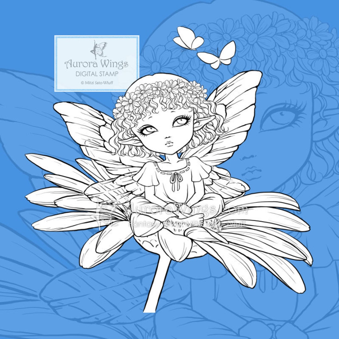 Digital Stamp JPG and PNG Daisy Elf Fairy With Floral Wreath Sitting on ...