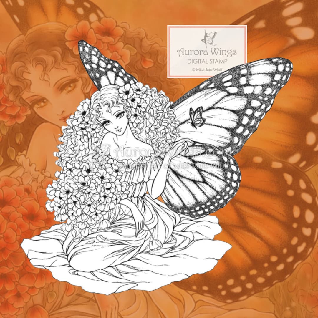 Line Art Digi JPG PNG - Romanza - Monarch Butterfly Fairy With Poppies ...