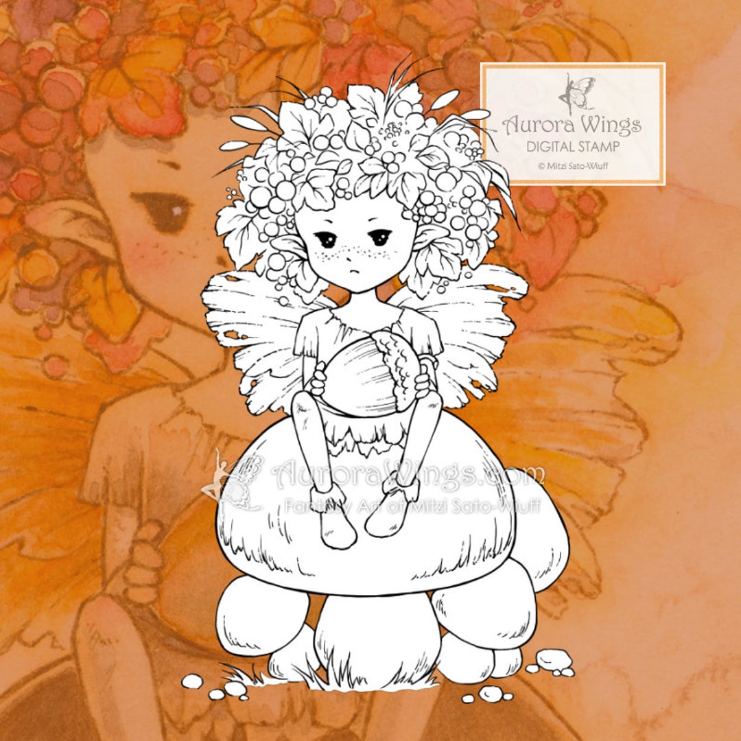 PNG JPG Digi Grumpy Fae With Acorn Sitting on a Mushroom Adult Coloring ...
