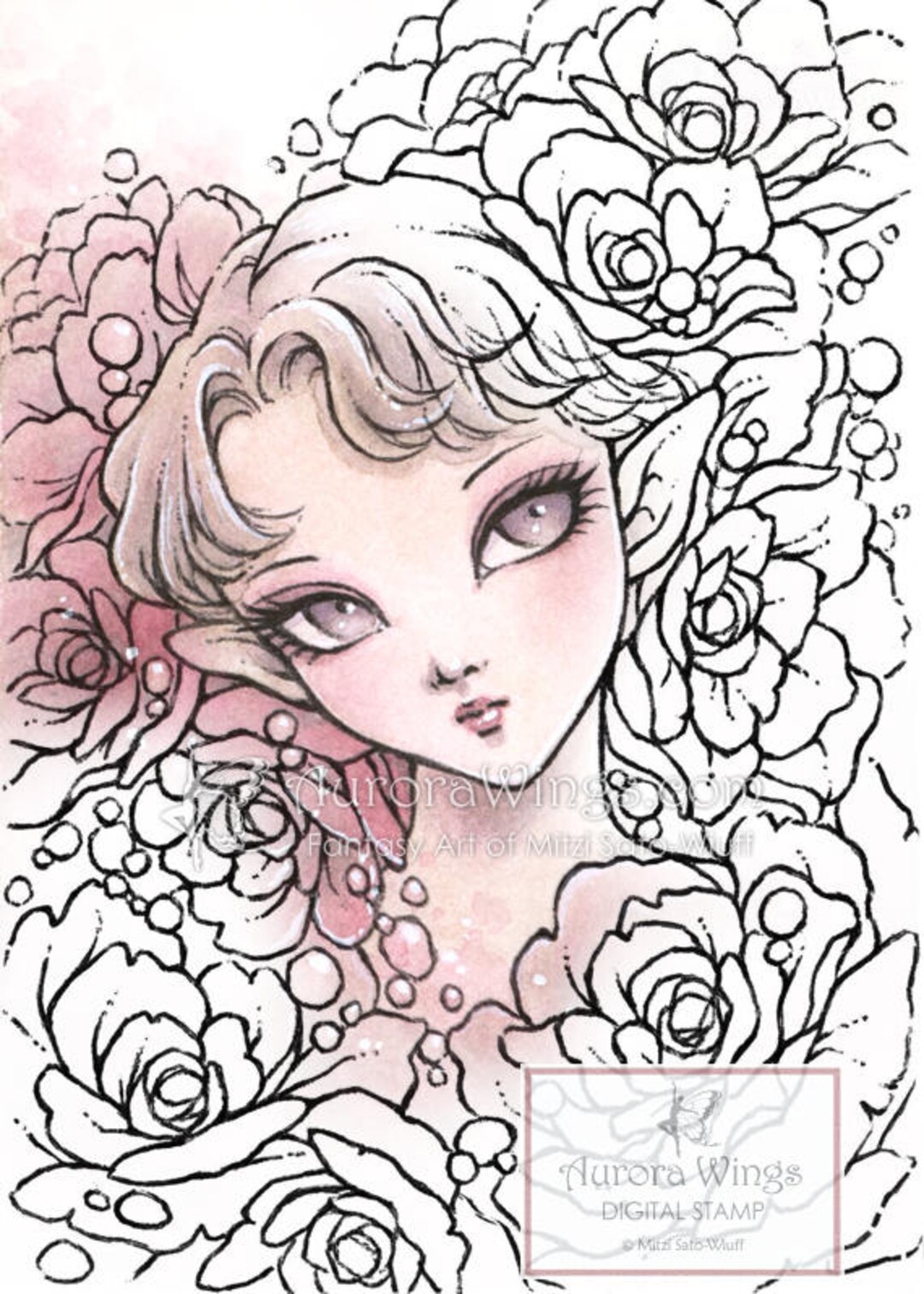 Digital Stamp - Rose Fairy - Instant Download - Big Eye Elf With Roses ...