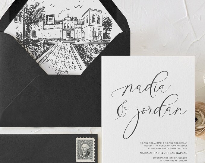 SAMPLE Modern Calligraphy Wedding Invitation, Custom Venue Drawing ...