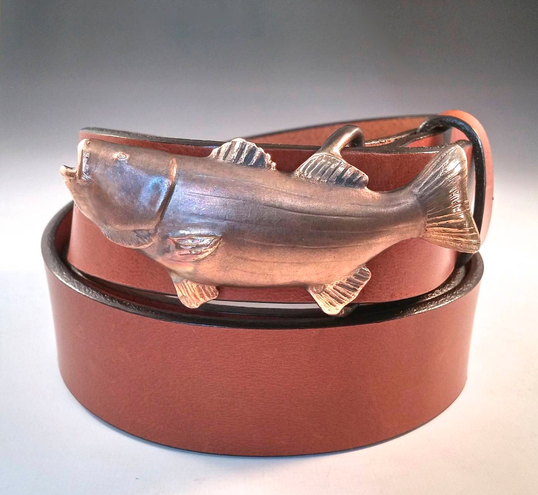 Handcrafted Striped Bass Belt Buckle: Designer Leather Fly Fishing Belt ...