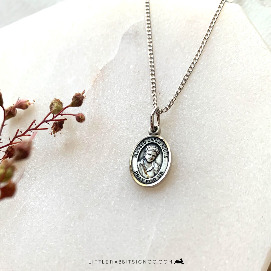 Tiny Saint Carlo Acutis Necklace - Sterling Silver Petite Minimalist Necklace - Dainty Heirloom ...
