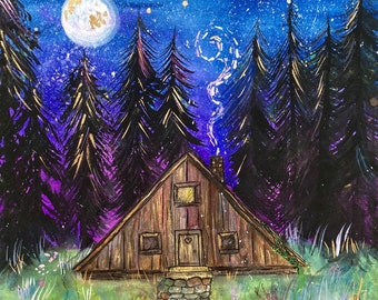 Night Cabin Art Print Rustic Wall Art Nature Scene Katie Daisy - Etsy