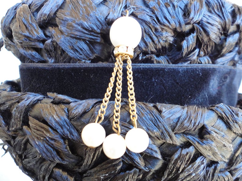 Black Straw Hat With Pearl Dangle - Etsy