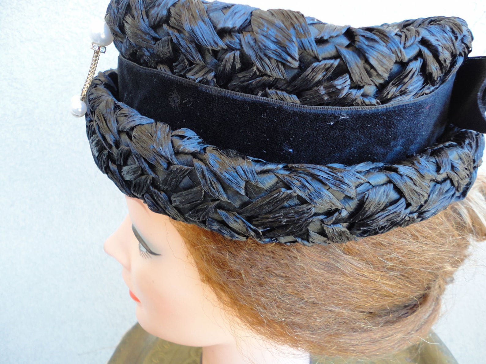 Black Straw Hat With Pearl Dangle - Etsy