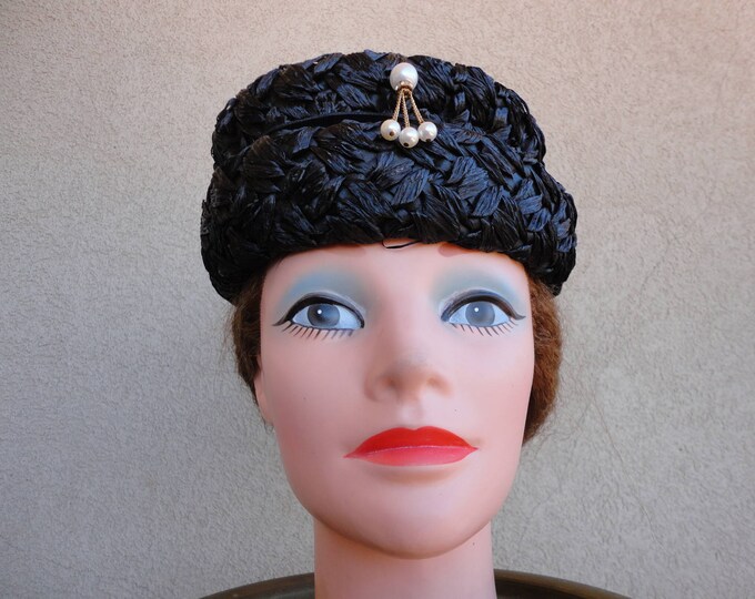 Black Straw Hat With Pearl Dangle - Etsy