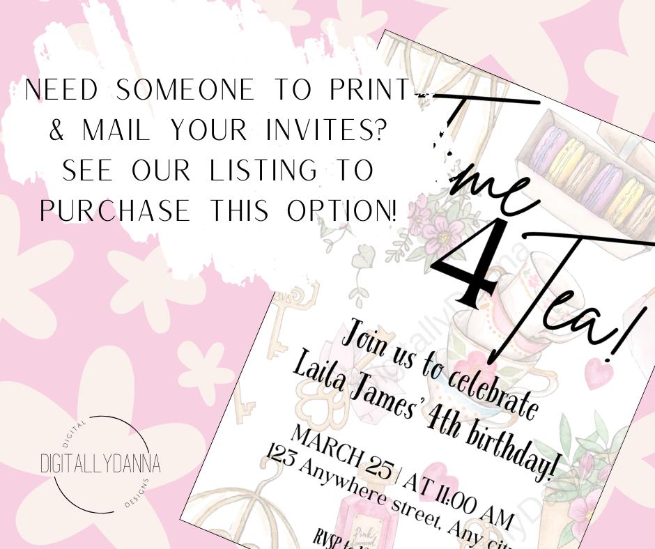 Time 4 Tea!, 4th Birthday Invitation, Four, Macrons, Tea Cups, Flowers ...