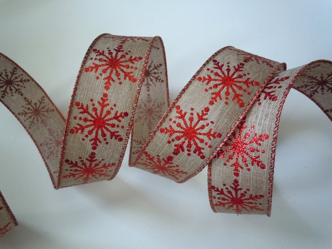 Christmas Wired Ribbon, Rustic Glitter Red Snowflakes Ribbon, Burlap ...