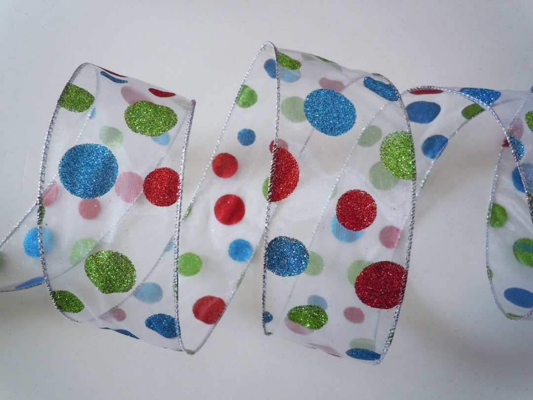 2.5 Christmas Wired Ribbon ,sparkle Blue Red Lime Green Polka Dots ...