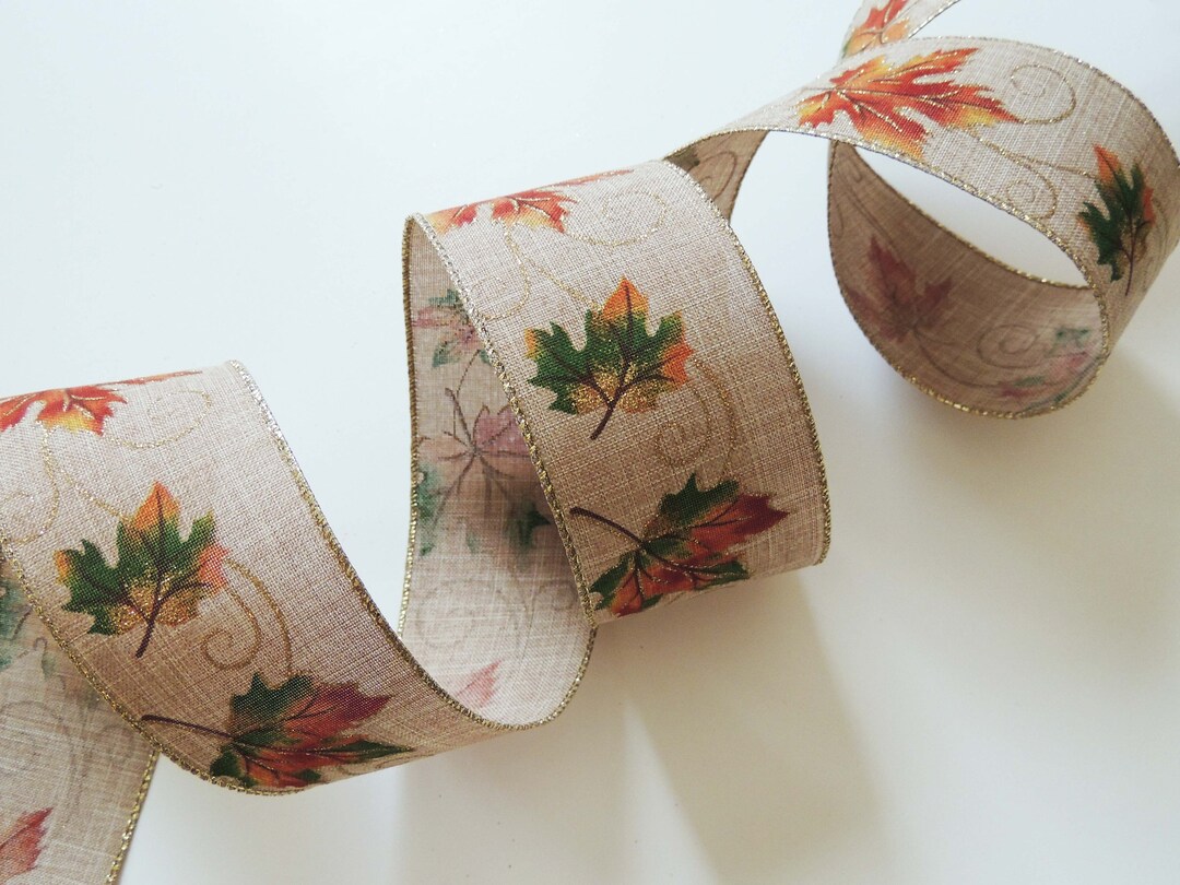 Fall Leaves Ribbon, Green Burnt Orange Leaves Ribbon, Autumn Leaves ...