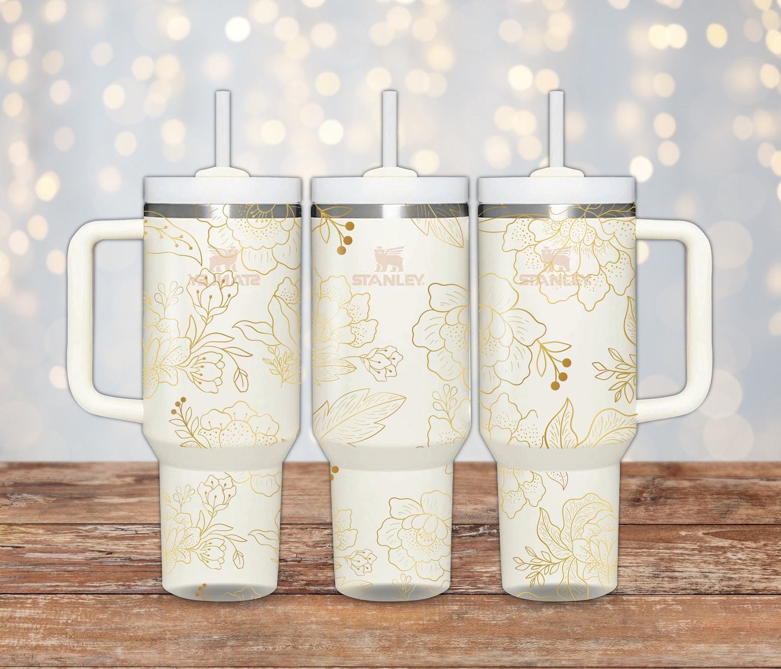 Gold Floral Stanley Floral SVG Wrap Template/ Png Design for ...