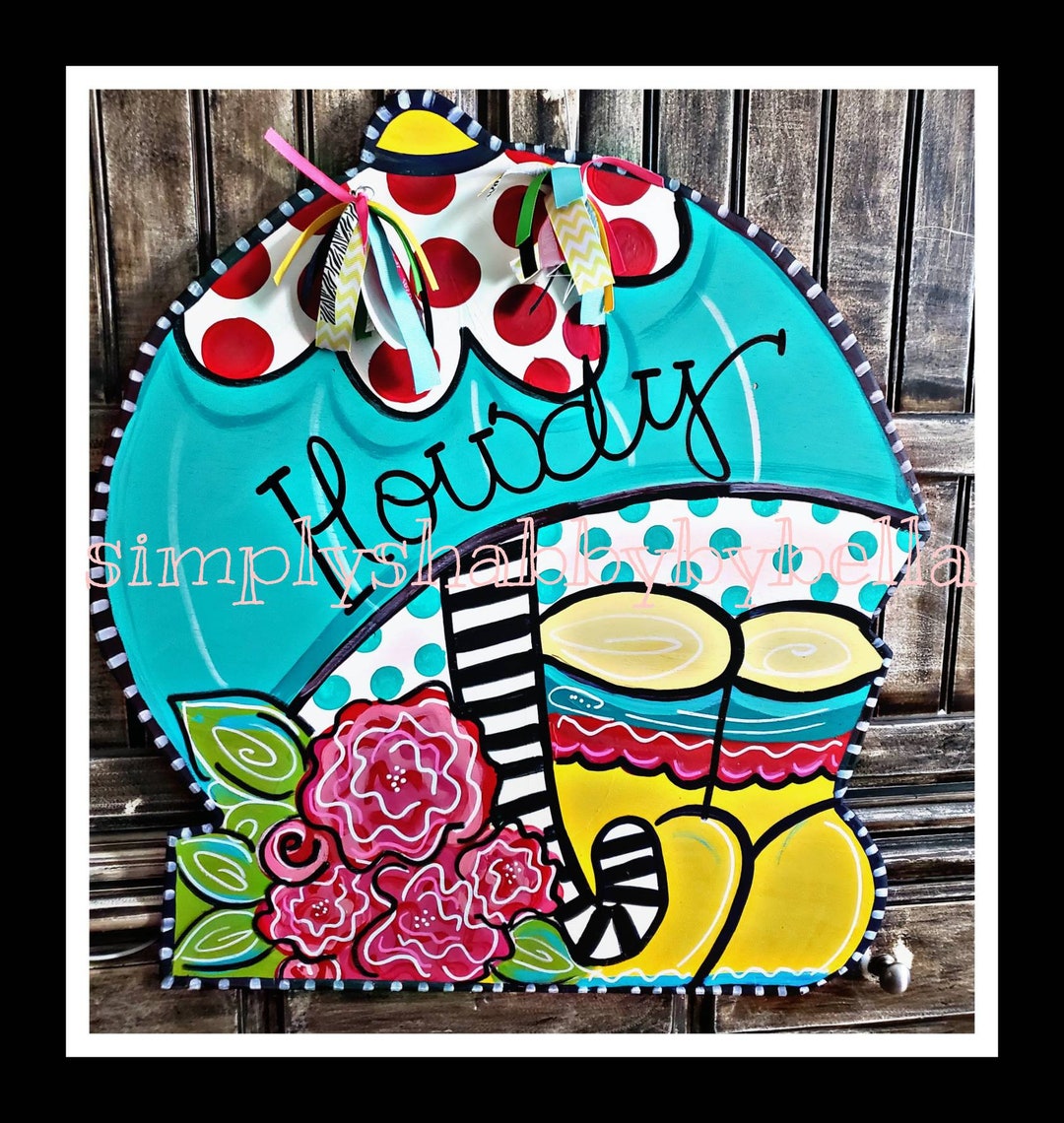 Welcome Howdy Flower Rainboots Umbrella Wood Sign Door Hanger - Etsy