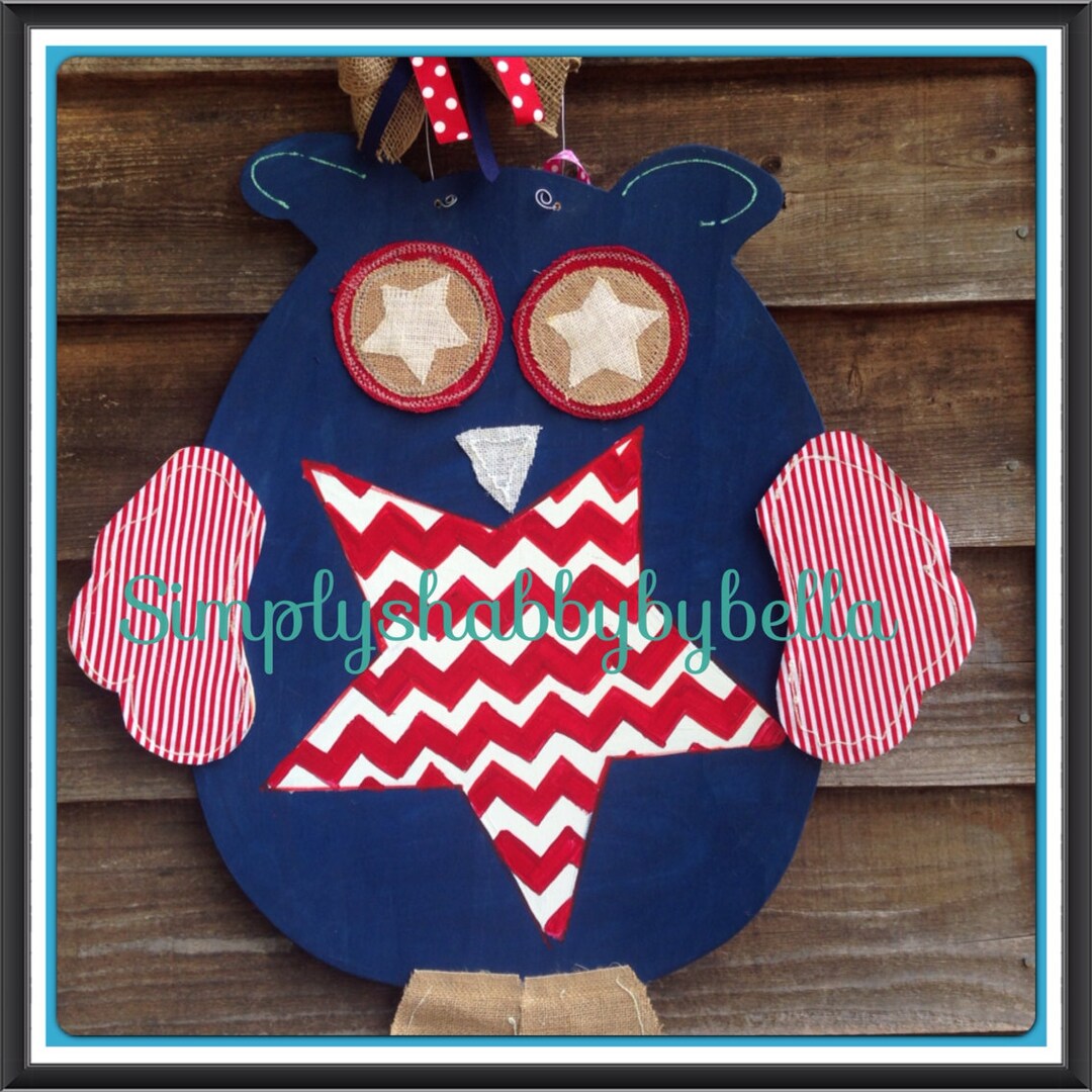 Wooden & Burlap Patriotic Owl Chevron, Stars and Stripes 4th of July ...