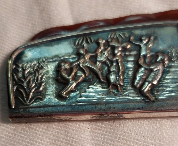 Silver Plate Comb Case Set - Rare Island Dancer Design - Gem