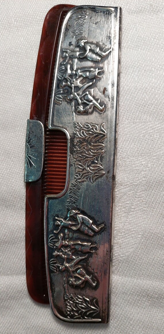 Silver Plate Comb Case Set - Rare Island Dancer Design - Gem