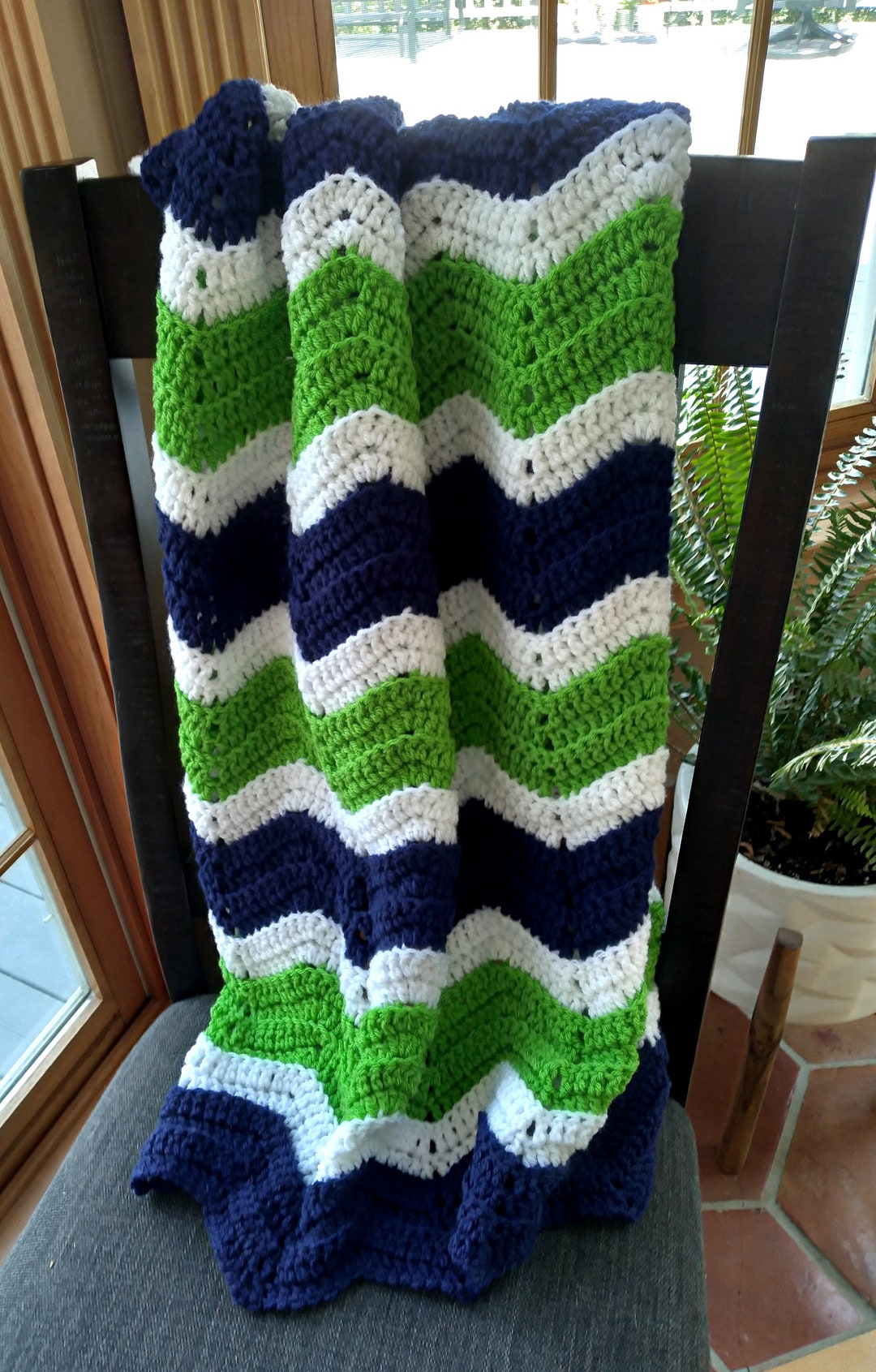 Handmade Crochet Lime Green, Navy Blue and White Baby Blanket - Etsy