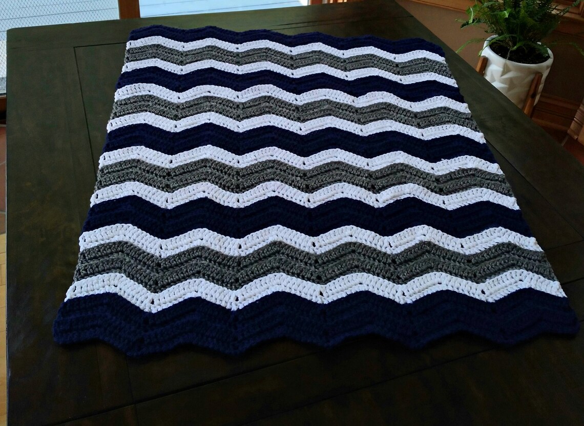 Handmade Crochet Navy Blue, Gray/silver and White Baby Blanket - Etsy