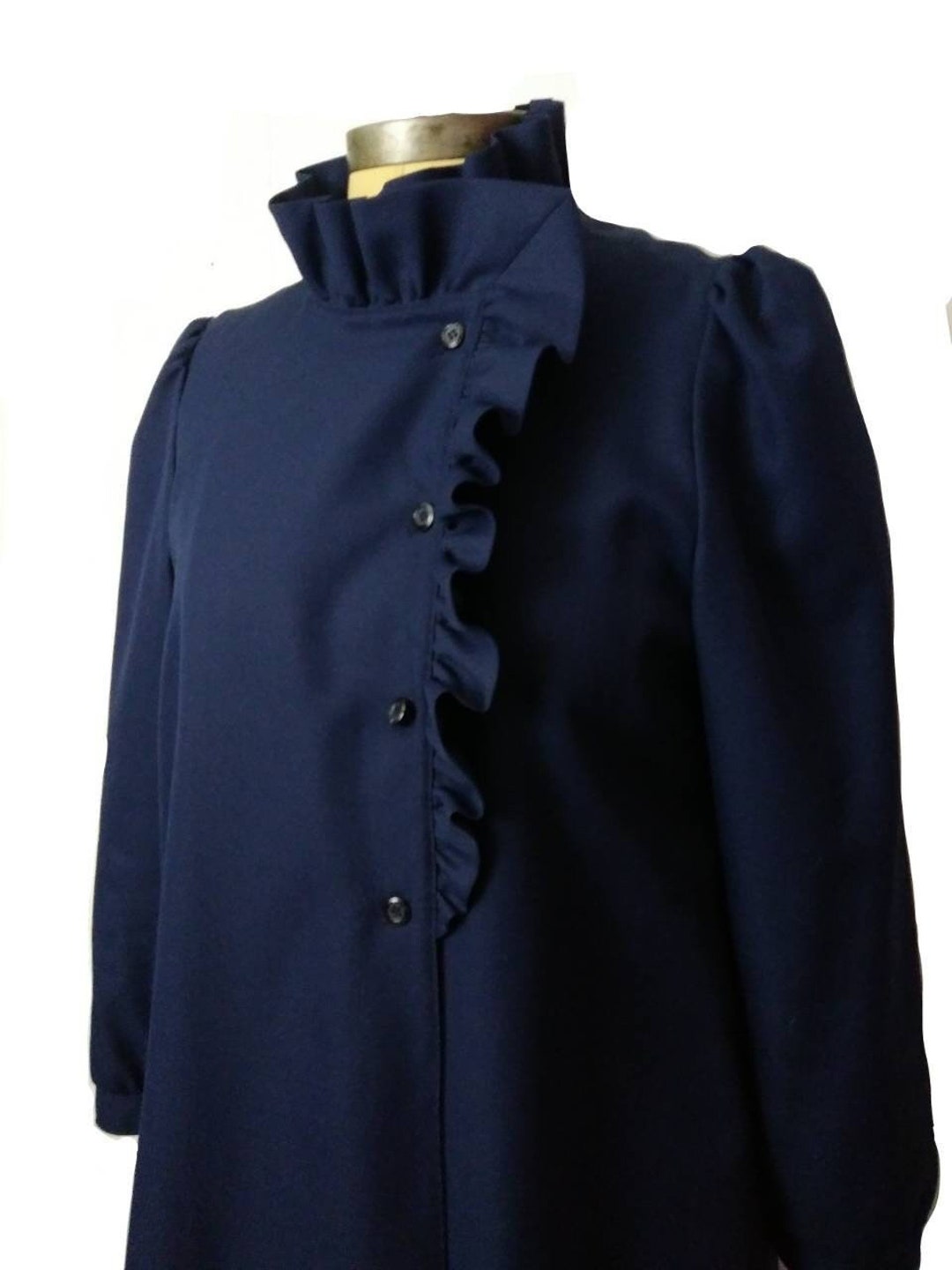 Vintage 80s Plus Size Navy Blue Puff Sleeve Ruffle Duster Coat - Etsy