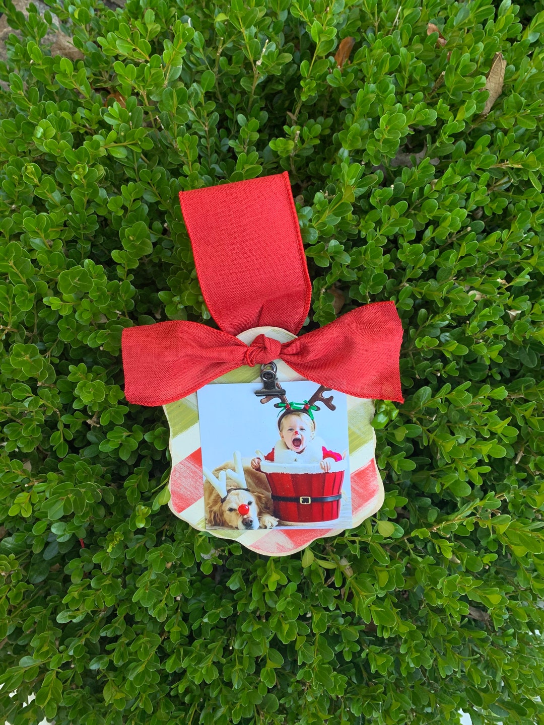 Red and Green Plaid Wood Christmas Ornament, Photo Ornament, Christmas ...