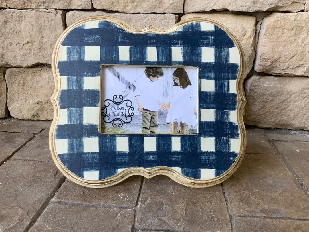 Navy Buffalo Check Frame, Wedding Frame, Hand Painted Frame, Custom ...