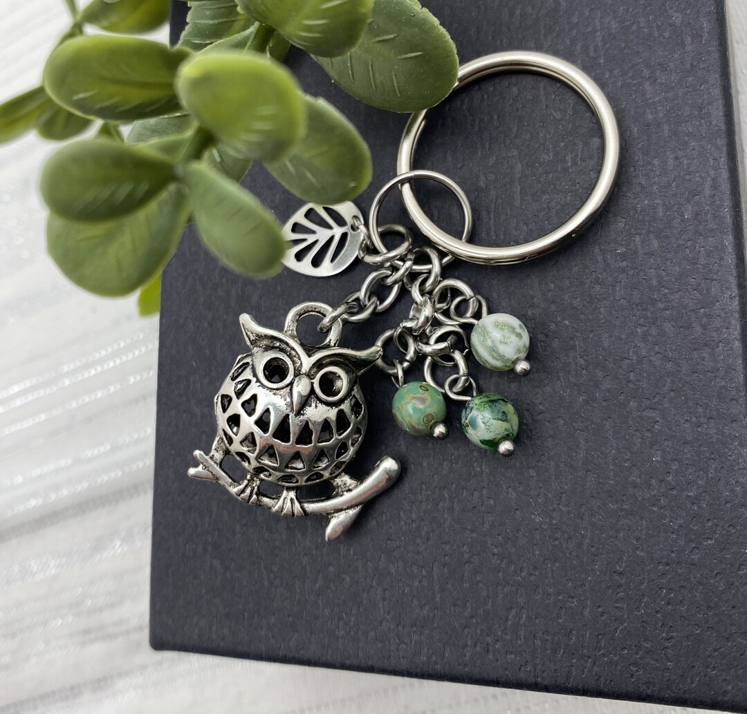 3D OWL KEYCHAIN Personalized With Leaf and Green Jasper - Etsy