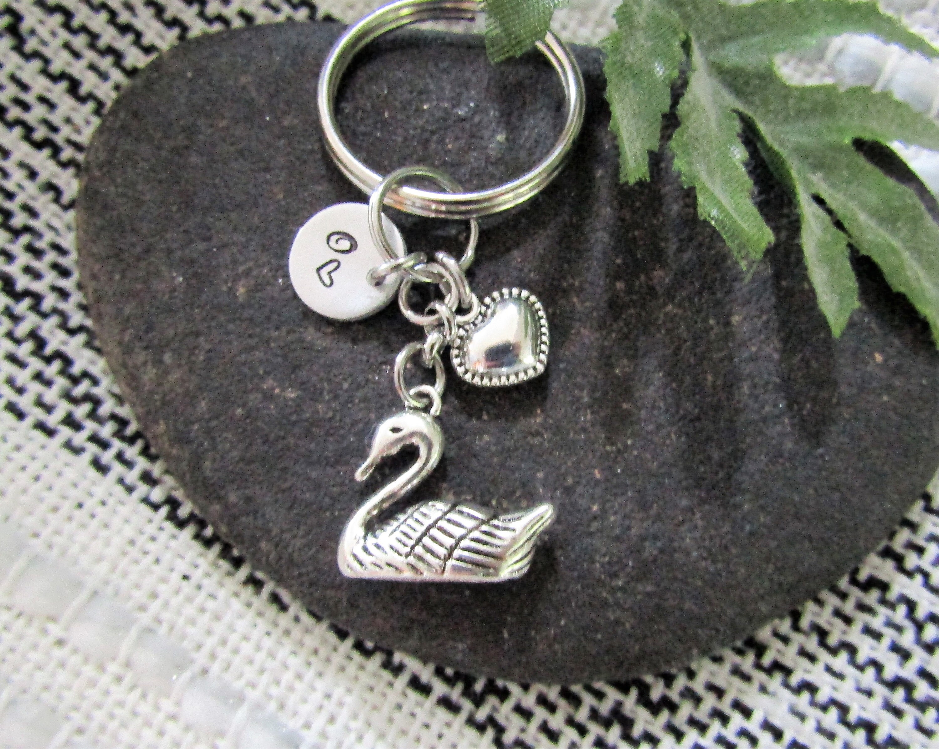 GOOSE SWAN KEYCHAIN with heart & initial charm keychain | Etsy
