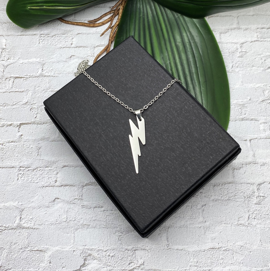 STAINLESS STEEL LIGHTNING Bolt Necklace Shiny Double Sided Larger 38 X ...
