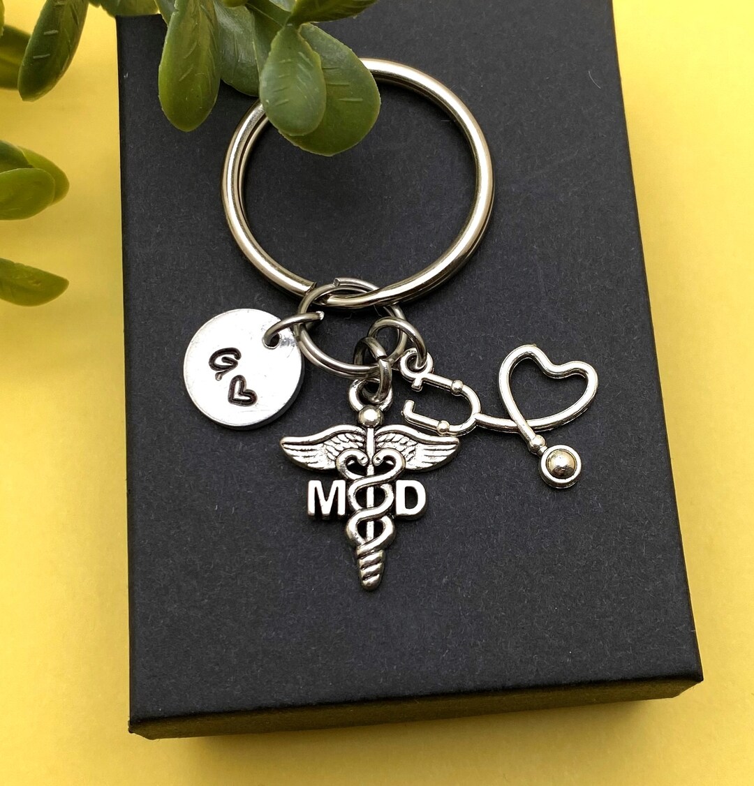 MD KEYCHAIN Personalized With Initial Charm - Stethoscope, Caduceus ...