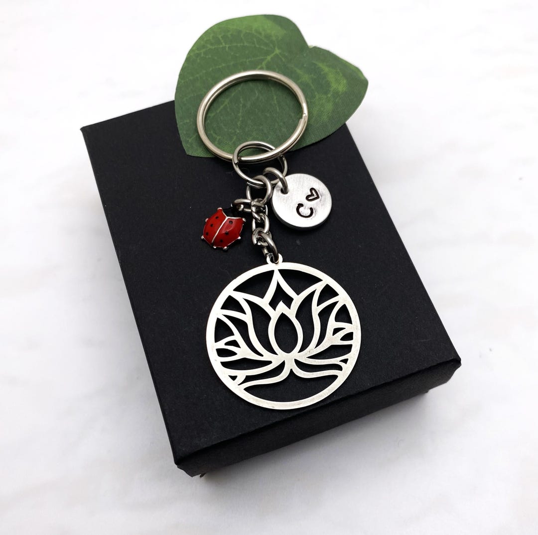 Large Stainless Steel LOTUS FLOWER KEYCHAIN With a Small Ladybug ...