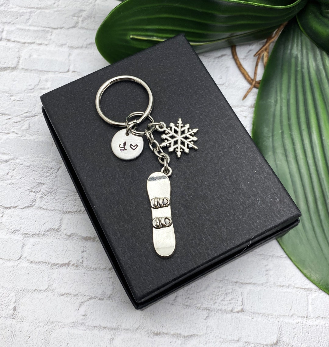 SNOWBOARD & SNOWFLAKE KEYCHAIN Personalized With Hand Stamped Initial ...