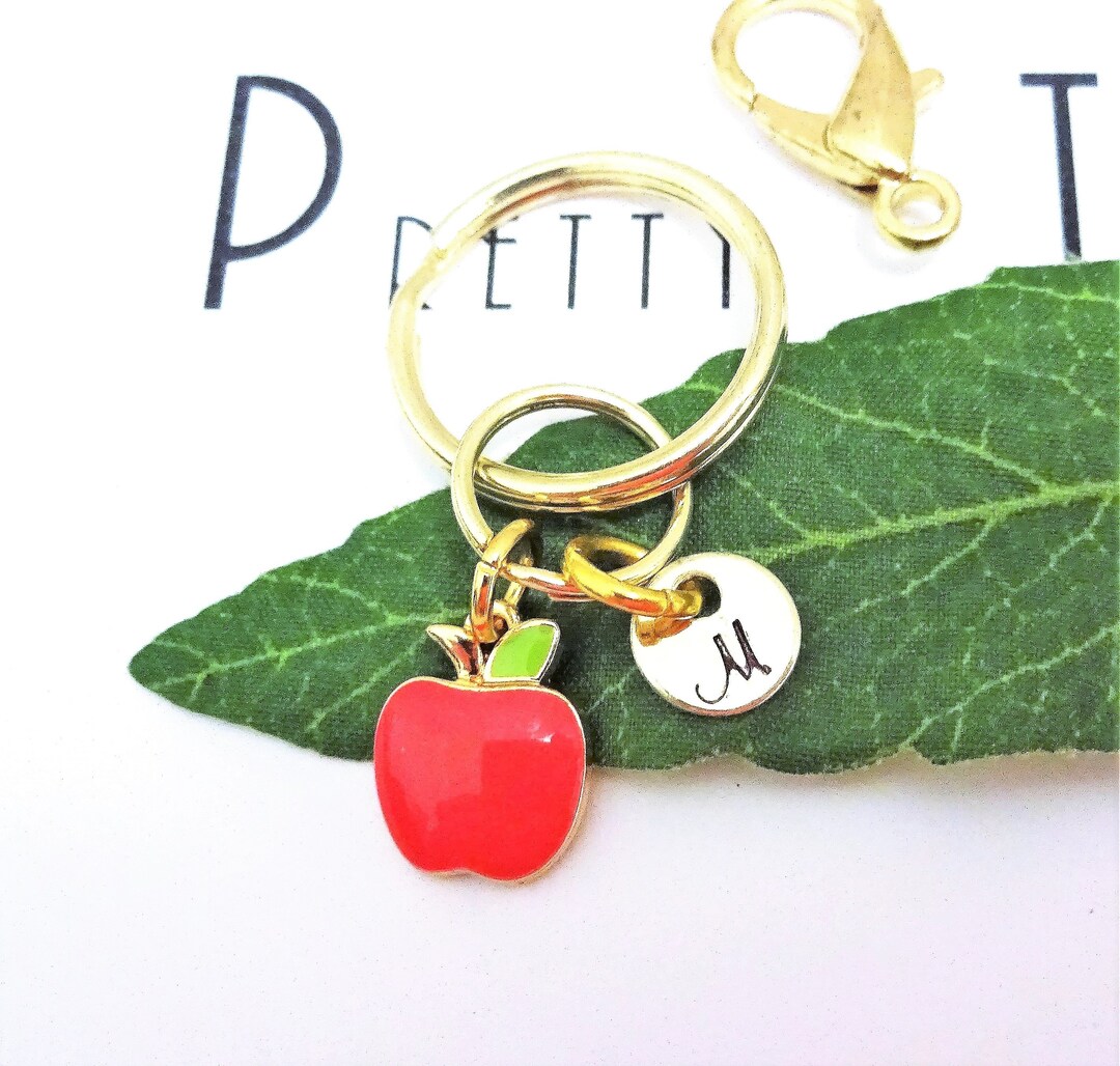 Small RED APPLE KEYCHAIN Personalized With Initial Charm - Gold Tone ...