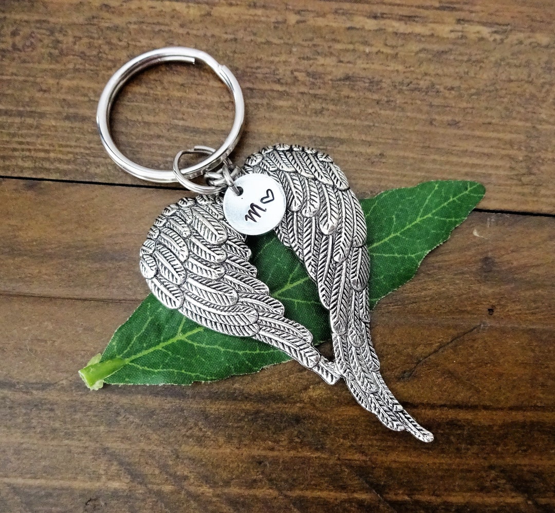 Large ANGEL WINGS KEYCHAIN Personalized With Initial Charm - 2.5 X 1.75 ...
