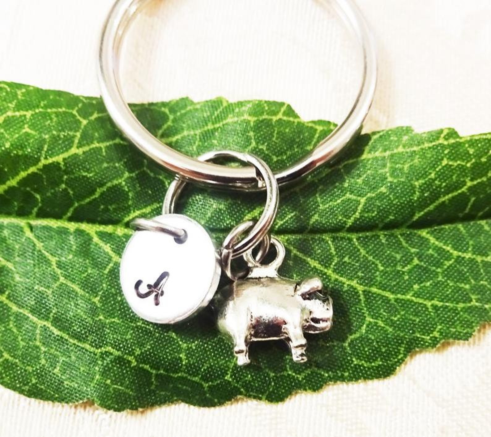 PIG KEYCHAIN With Initial Charm Choose Silver or Bronze Pigs | Etsy