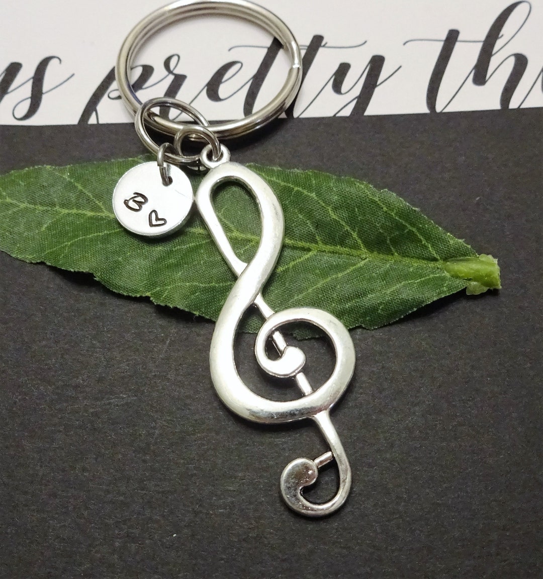 Large TREBLE CLEF KEYCHAIN Personalized With Initial Charm Measures 2-1 ...
