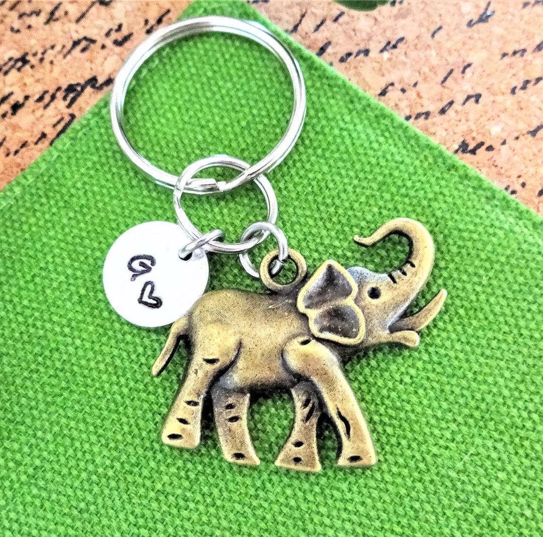 BRONZE ELEPHANT KEYCHAIN Personalized With Initial Charm - Elephant is ...