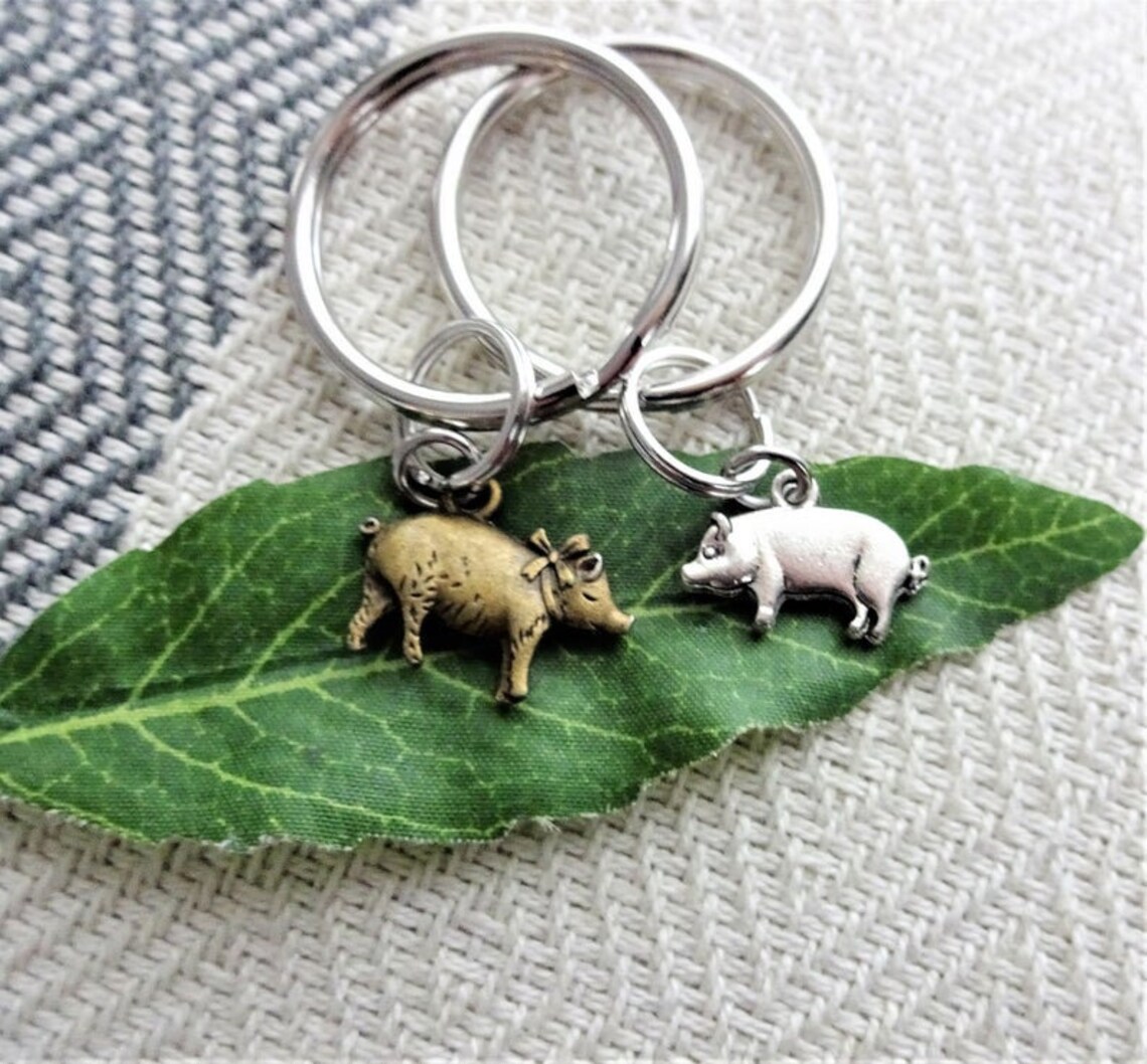 PIG KEYCHAIN With Initial Charm Choose Silver or Bronze Pigs | Etsy