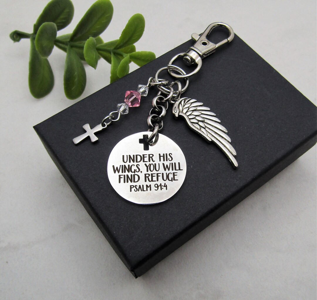 CROSS & WING KEYCHAIN - "under His Wings, You Will Find Refuge" Psalm ...