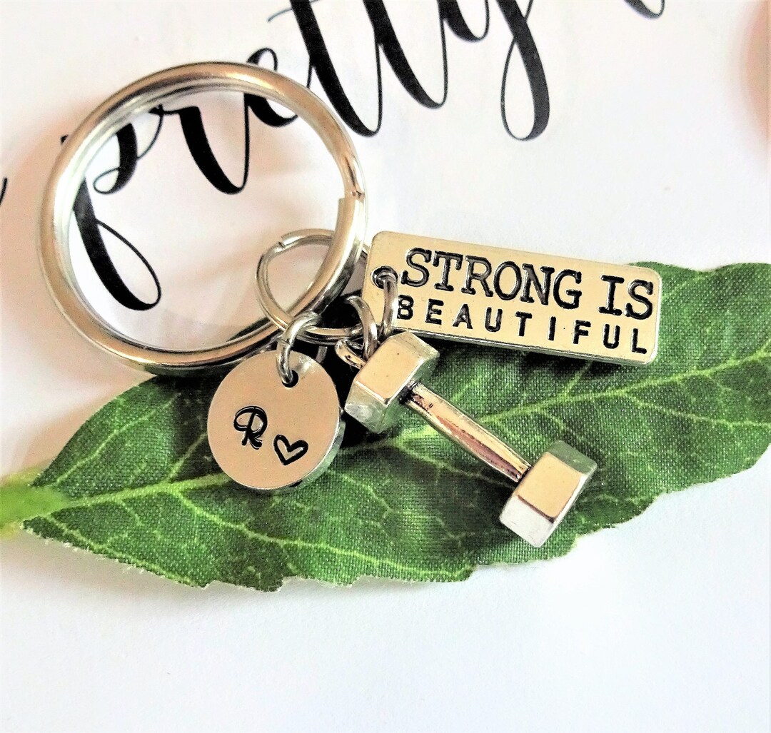 3D BARBELL & "strong is Beautiful" KEYCHAIN Personalized With Initial ...