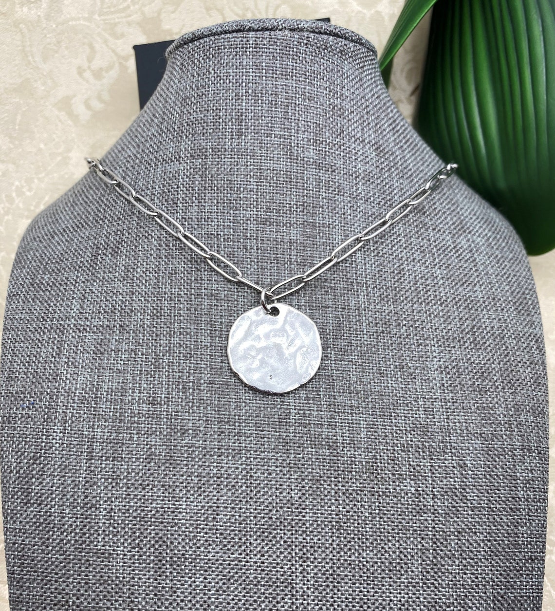 HAMMERED DISC NECKLACE in All Stainless Steel With Paper Clip - Etsy