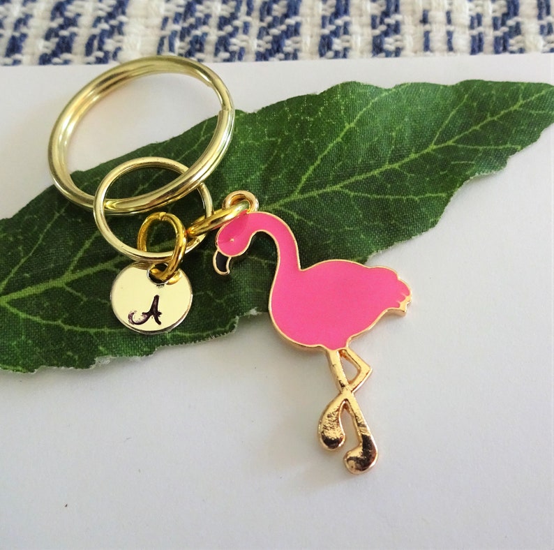 PINK FLAMINGO KEYCHAIN Personalized With Initial Charm Gold - Etsy