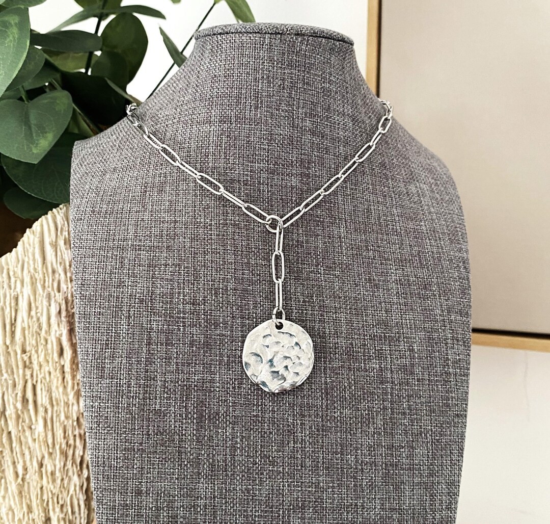 Stainless Steel Large HAMMERED DISC NECKLACE on Paper Clip or Satellite ...