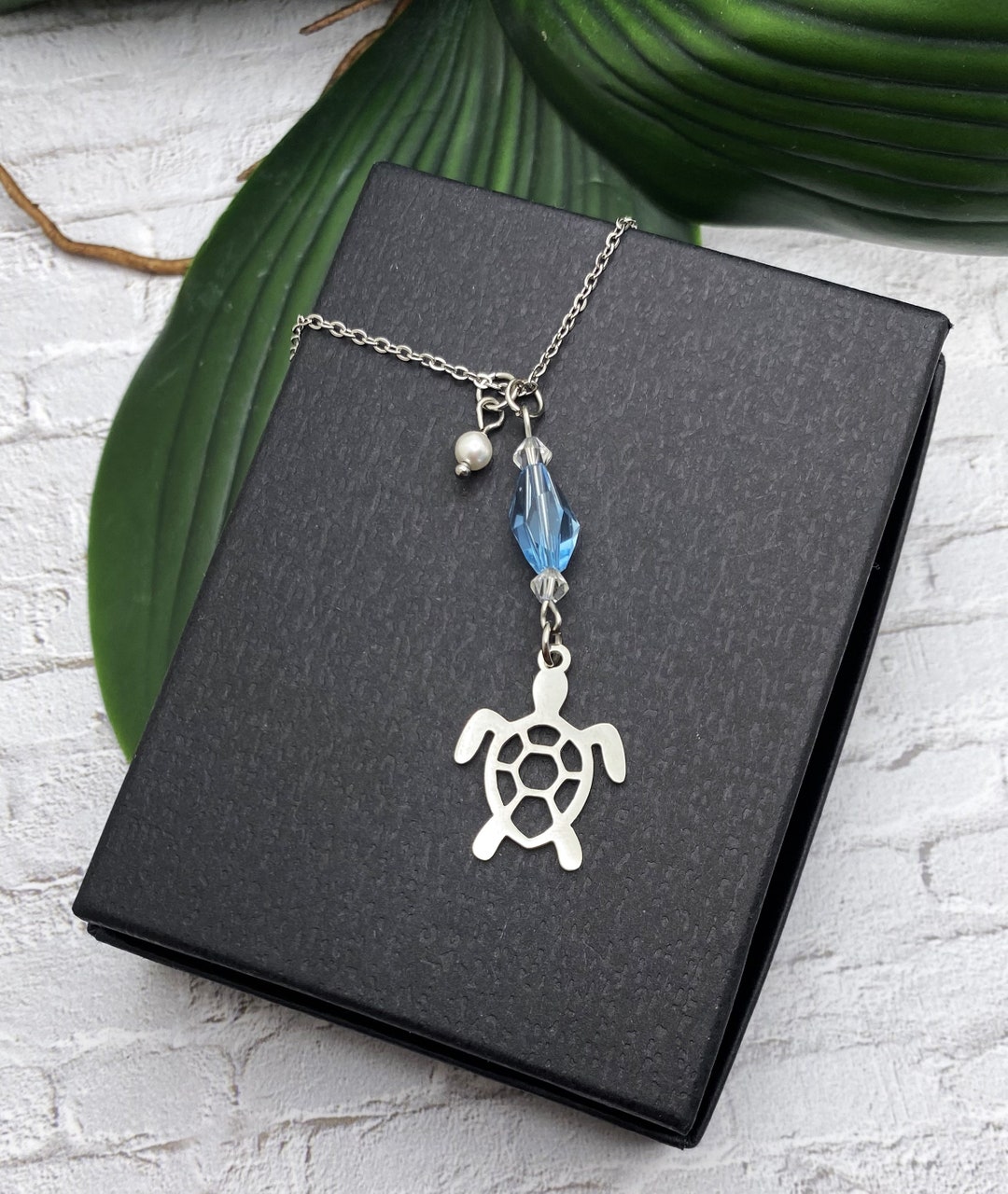 Stainless Steel TURTLE NECKLACE With Aqua Blue Swarovski Crystal ...